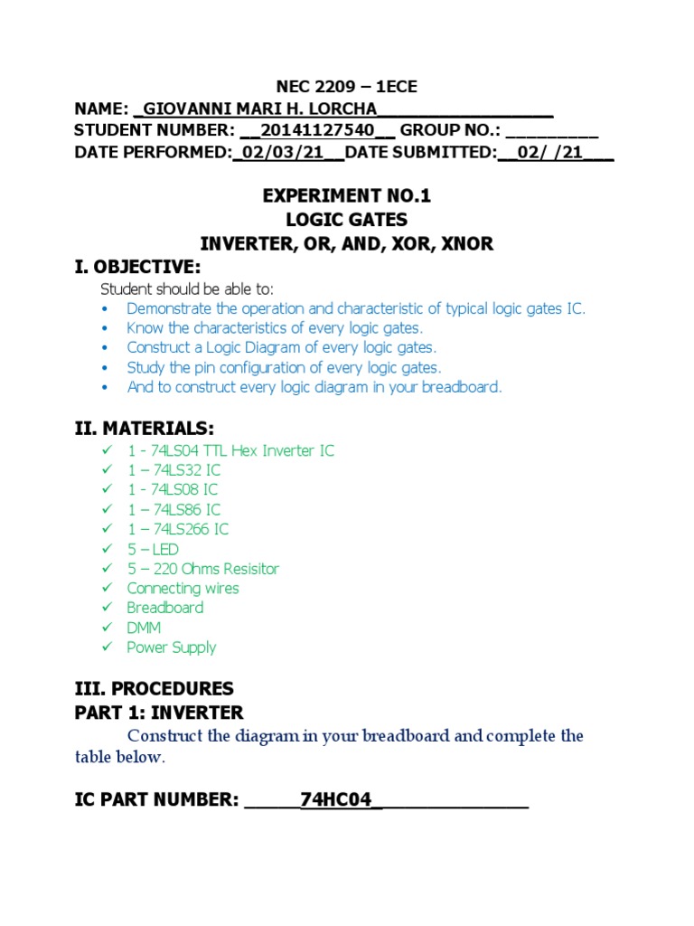 Experiment No. 1 - Logic Gates | PDF | Logic Gate | Electronic Design