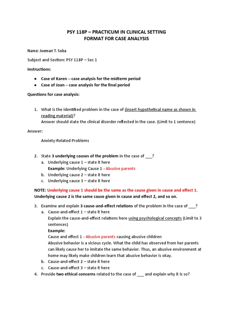 Psy 118P - Practicum in Clinical Setting Format For Case Analysis | PDF ...
