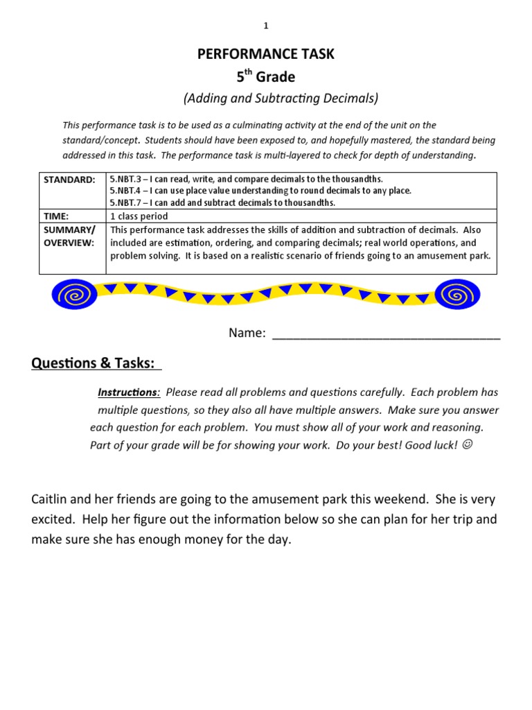 Performance Task 5 Grade: (Adding and Subtracting Decimals) | PDF