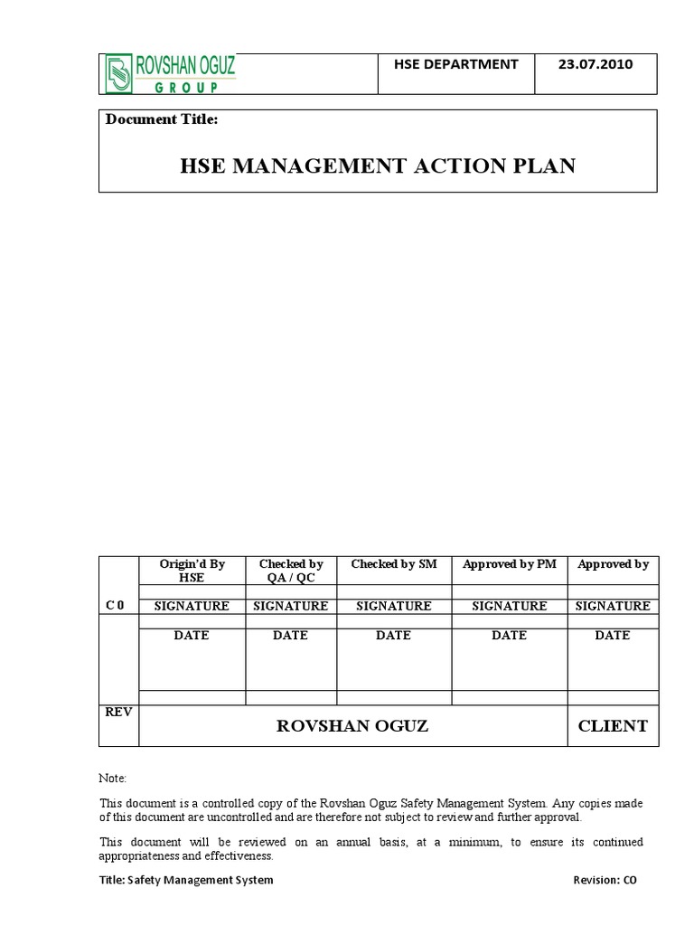 HSE Management Action Plan | PDF | Occupational Safety And Health | Safety