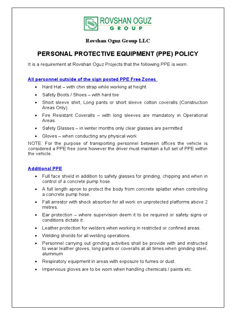 Personal Protective Equipment (Ppe) Policy: Rovshan Oguz Group LLC | PDF