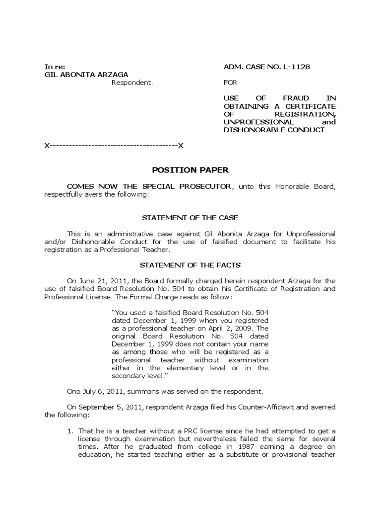 Position Paper For Arzaga ADM. CASE NO. L-1128 | PDF | Falsifiability ...