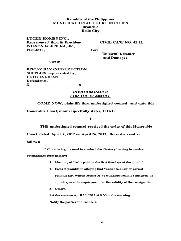 Position Paper For The Plaintiff | PDF | Civil Law (Legal System ...