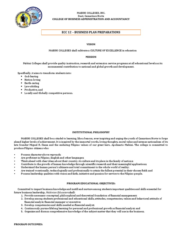 ECC 12 - Business Plan Preparations Syllabus | PDF | Entrepreneurship ...
