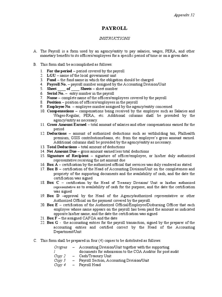 Appendix 32 - Instructions - Payroll | PDF | Payroll | Public Finance
