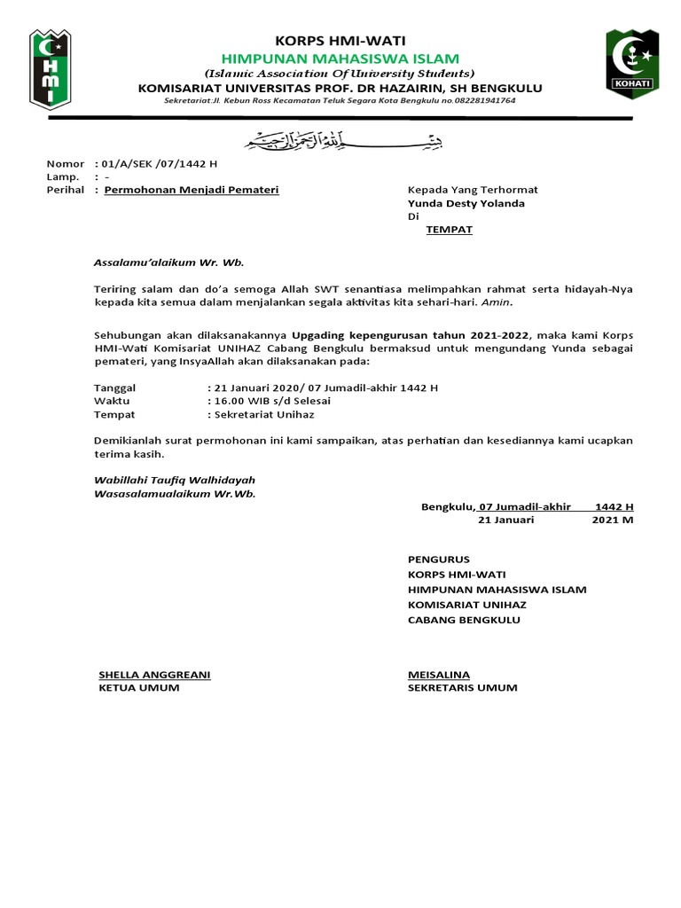Permohonan Pemateri Upgrading HMI-Wati | PDF