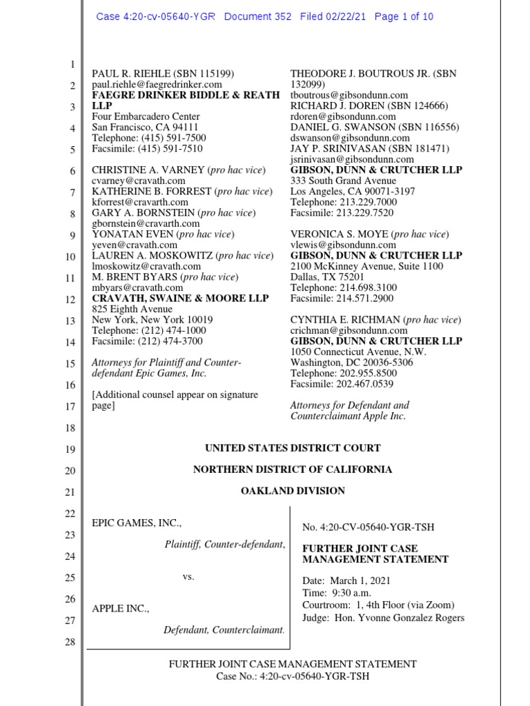 21-02-22 Epic Games v. Apple Joint Case Management Statement | PDF ...