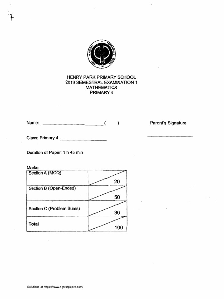 P4 Maths SA1 2019 Henry Park Exam Papers | PDF