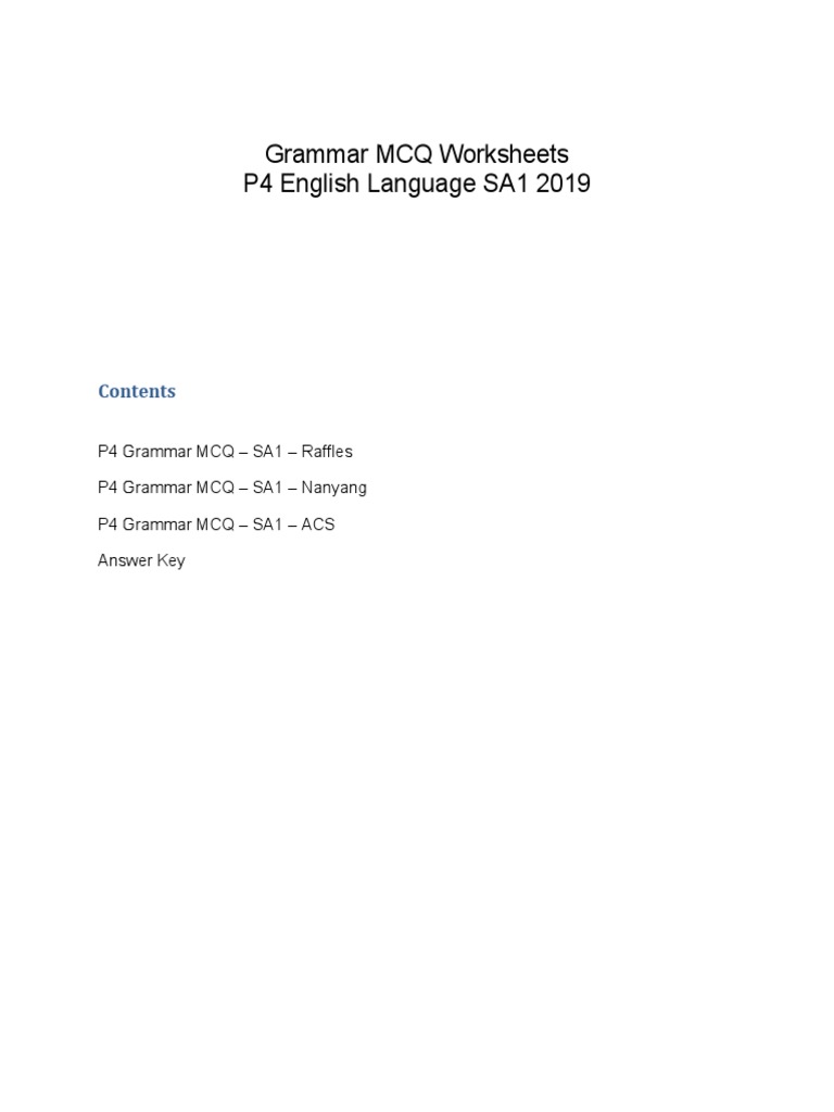 Grammar MCQ Worksheets P4 English Language SA1 2019 | PDF
