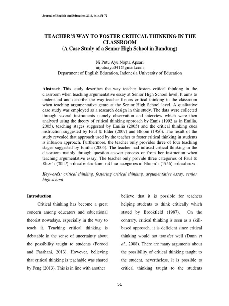 Teacher'S Way To Foster Critical Thinking in The Classroom (A Case ...
