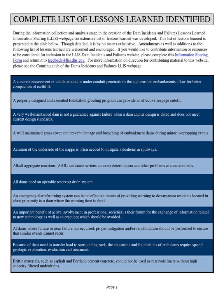 Complete List of Lessons Learned Identified: Information Sharing Form ...