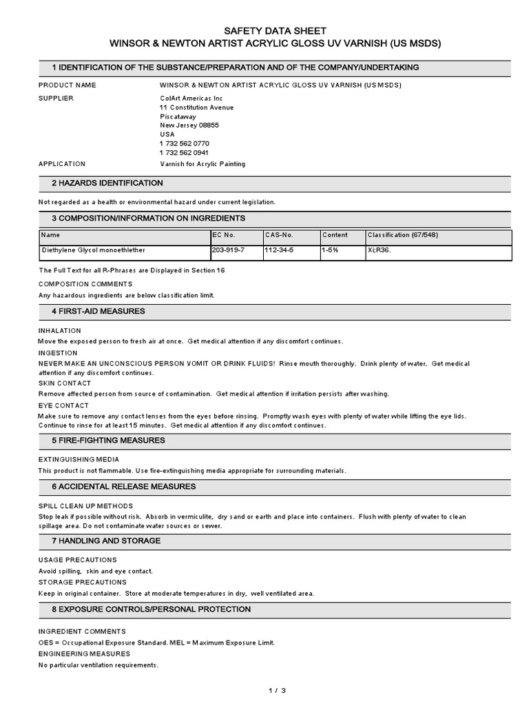 Safety Data Sheet Winsor & Newton Artist Acrylic Gloss Uv Varnish (Us ...