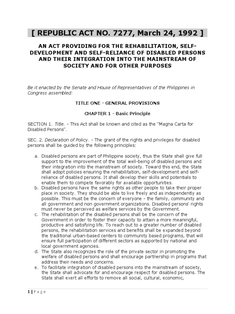 Ra 7277 | PDF | Americans With Disabilities Act Of 1990 | Disability