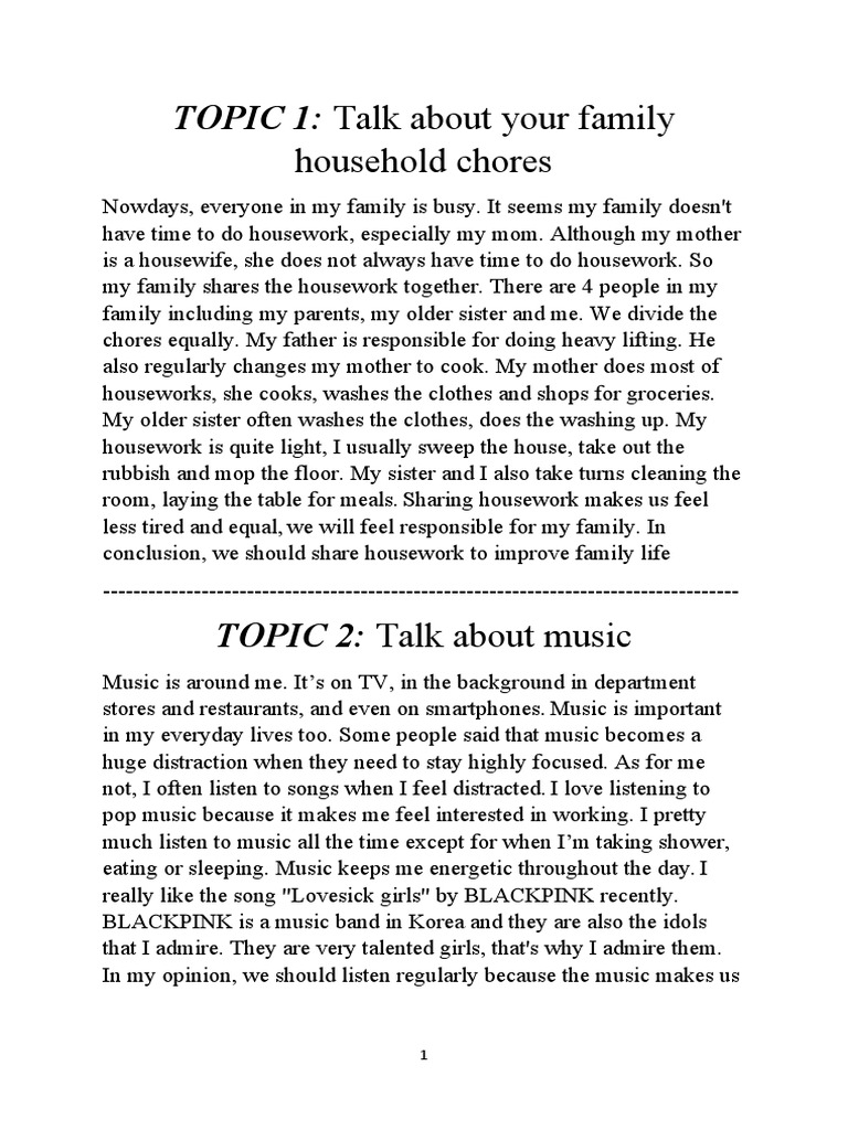 TOPIC 1: Talk About Your Family: Household Chores | PDF