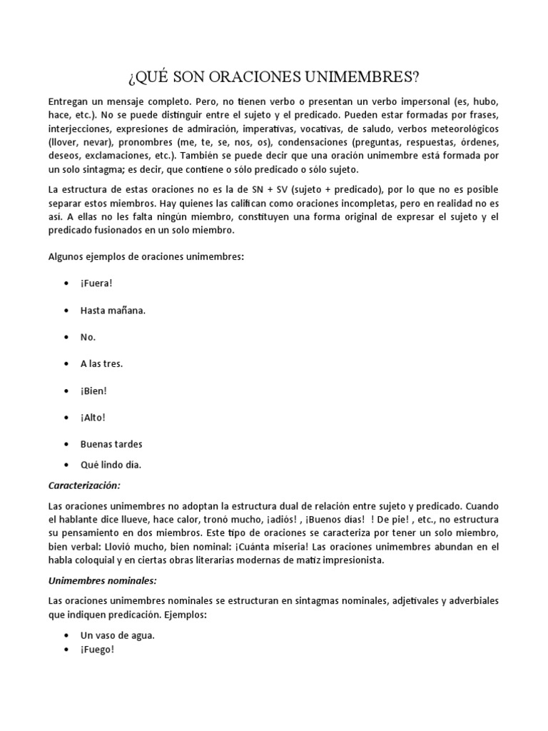 Que Son Oraciones Unimembres | PDF | Oración (Lingüística) | Semiótica