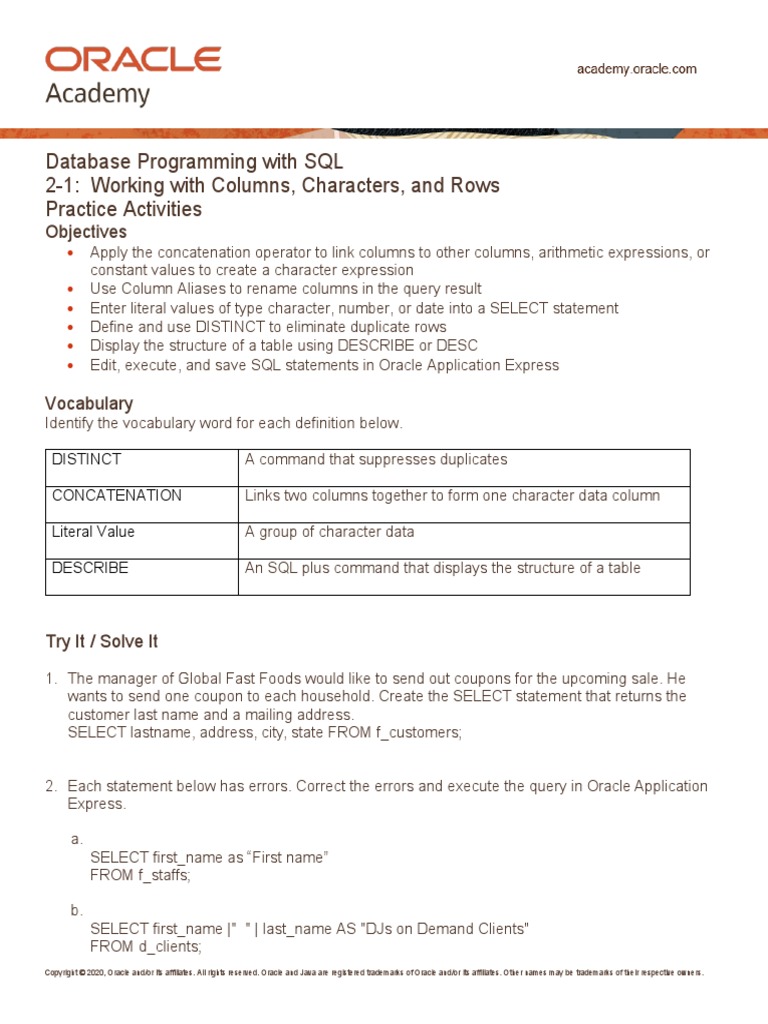 Database Programming With Sql 2 1 Working With Columns Characters And Rows Practice