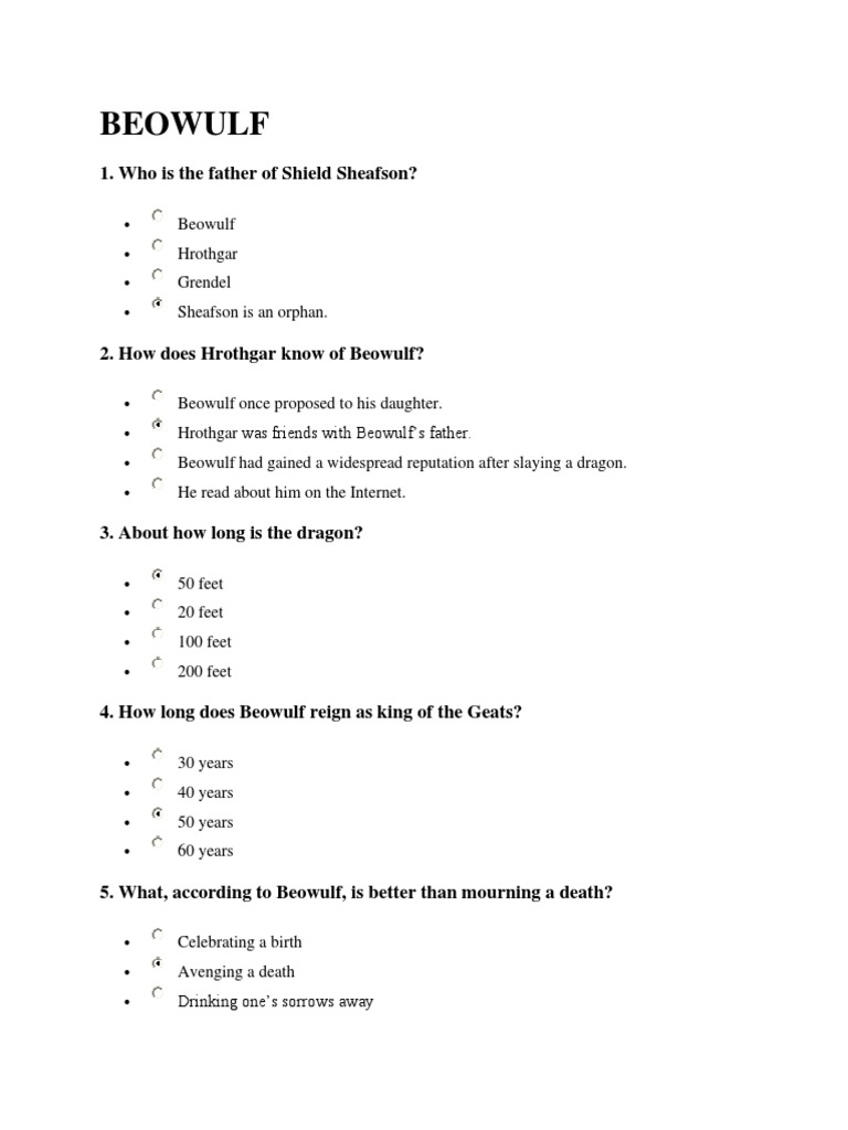 Beowulf: 1. Who Is The Father of Shield Sheafson? | PDF | Beowulf ...