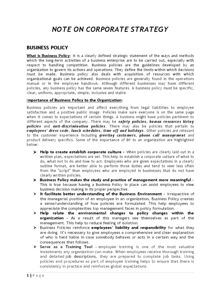 Note On Corporate Strategy | Download Free PDF | Organizational Culture ...