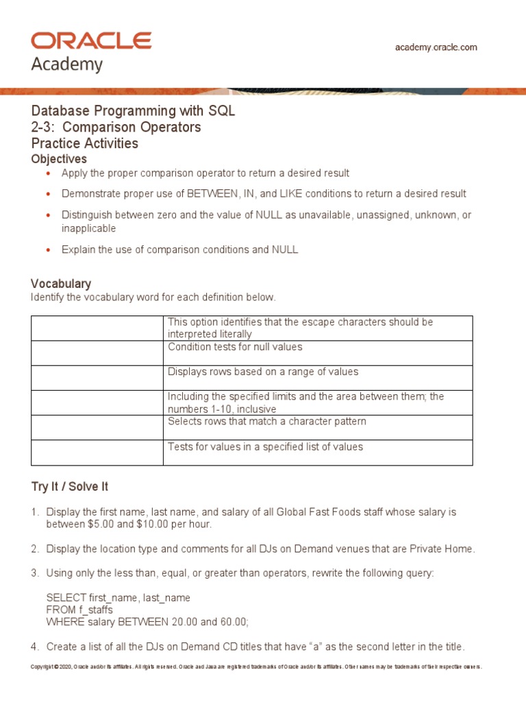 Database Programming With SQL 2-3: Comparison Operators Practice Activities | PDF | Data ...