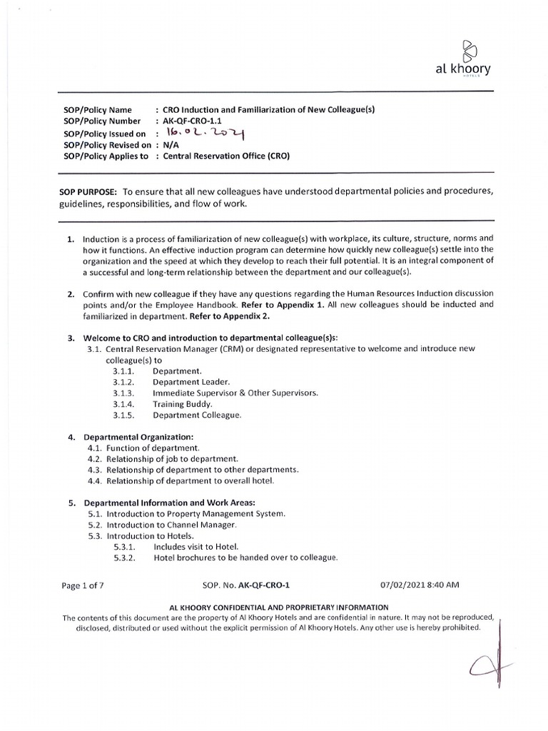 AK-QF-CRO-1 (CRO Induction and Familiarization of New Colleagues) SOP | PDF