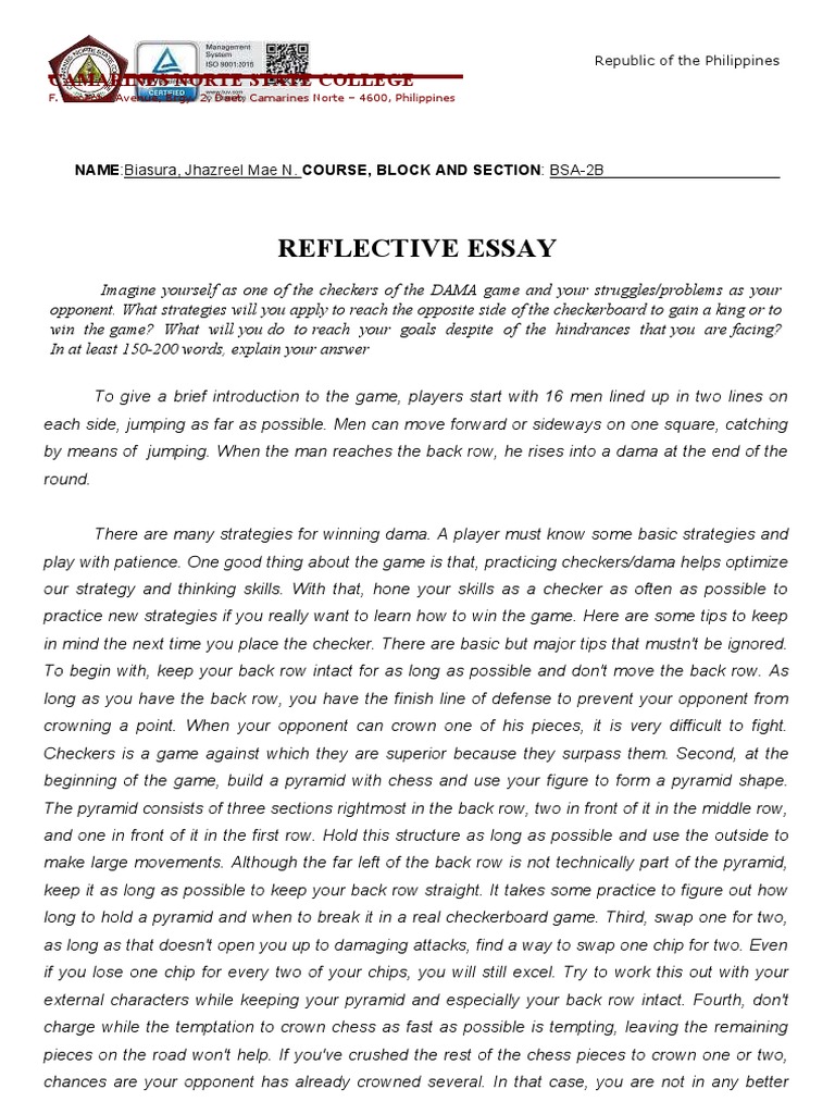 Reflective Essay: Camarines Norte State College | PDF | Chess | Games ...