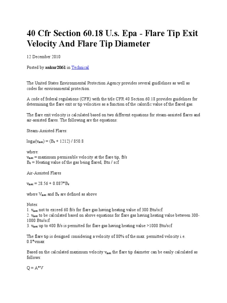 40 CFR Section 60.18 U.S. Epa - Flare Tip Exit Velocity and Flare Tip ...