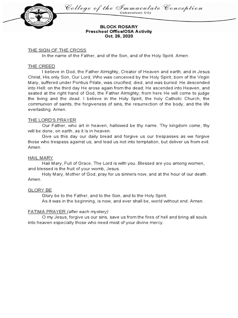 Block Rosary Preschool Office/OSA Activity Oct. 26, 2020 | PDF | God ...