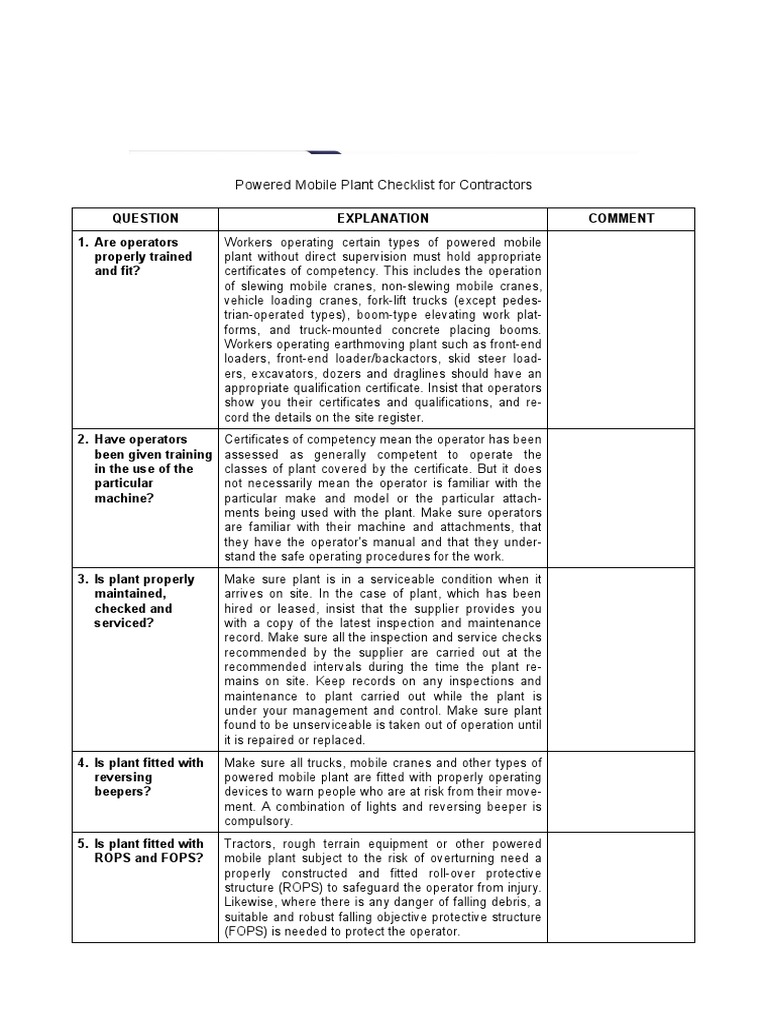 Powered Mobile Plant Checklist | PDF | Vehicles | Transport