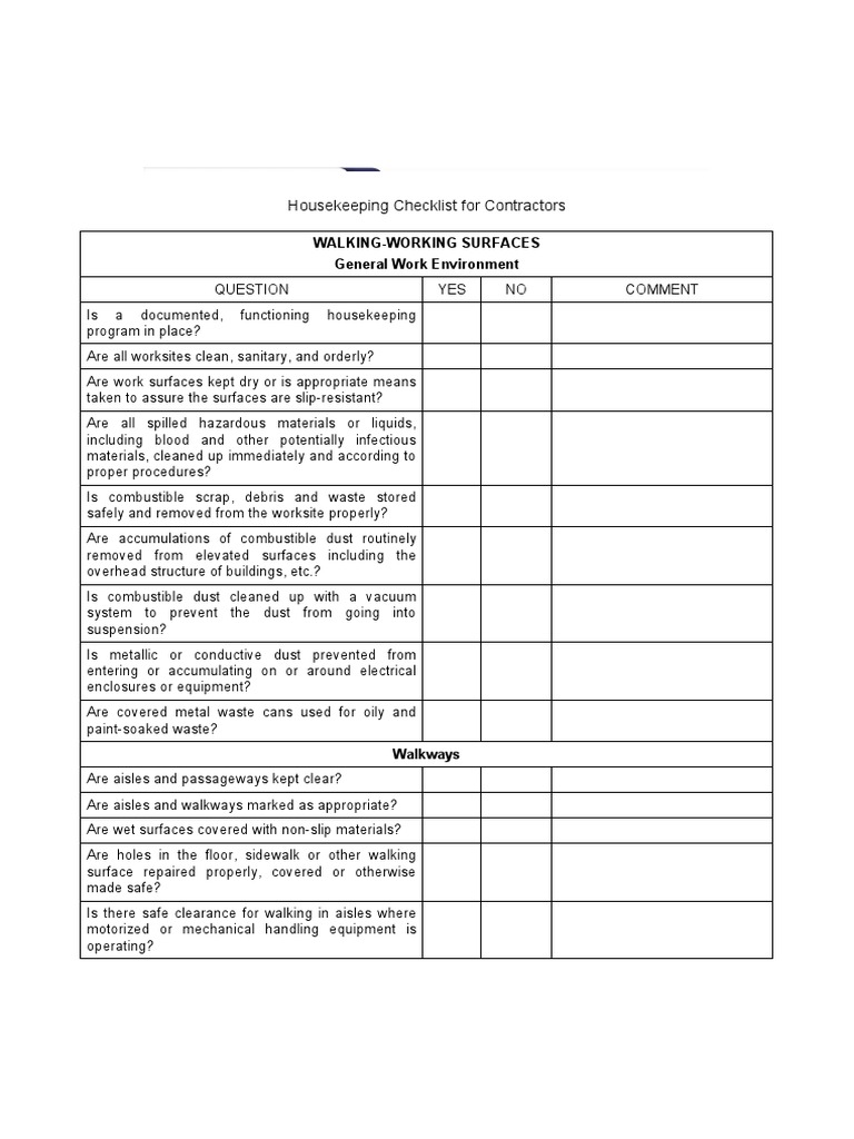 Housekeeping Checklist For Contractors: Walking-Working Surfaces ...