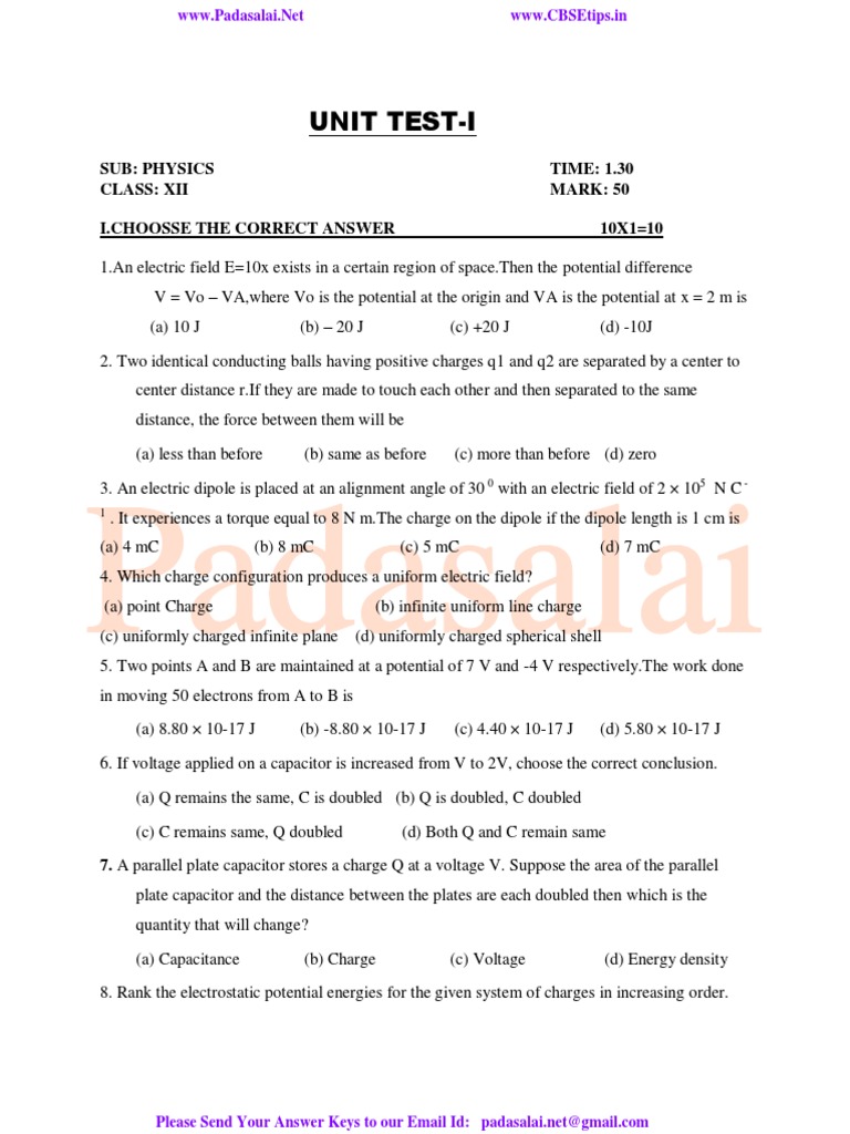 Class 12 Physics Unit Test I Paper | PDF | Capacitor | Electrical ...