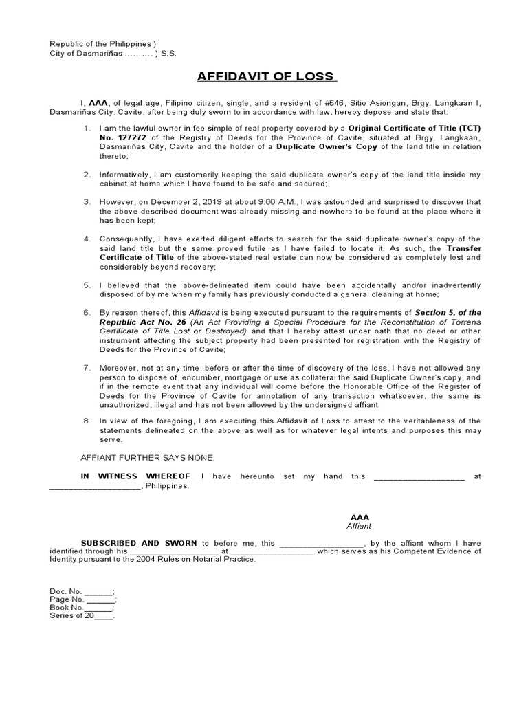 Affidavit of Loss (Original Certificate of Title) | PDF | Affidavit ...