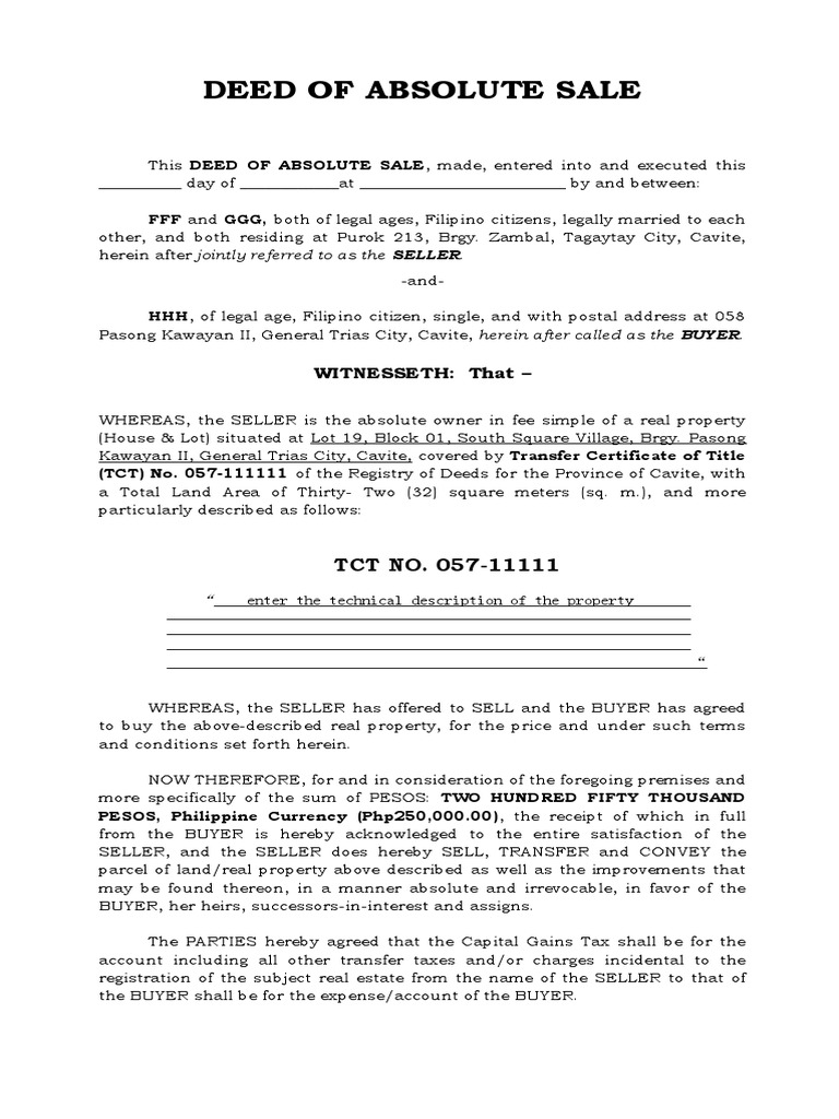 Sample Deed of Absolute Sale | PDF | Deed | Sales