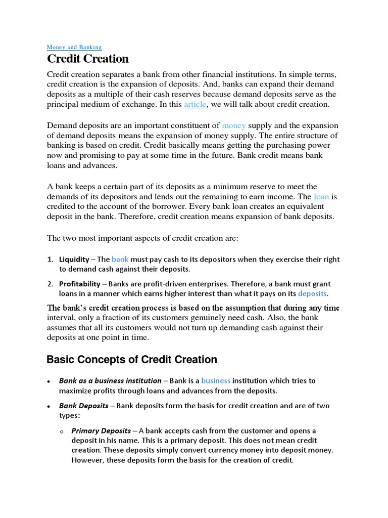Basic Concepts of Credit Creation | PDF | Money Creation | Deposit Account