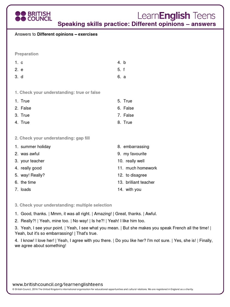 Speaking Skills Practice: Different Opinions - Answers: Preparation | PDF