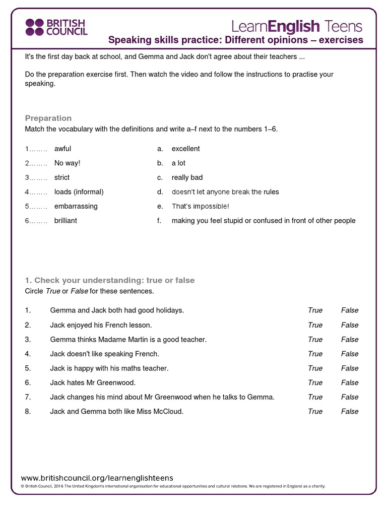 Speaking Skills Practice: Different Opinions - Exercises: Preparation ...
