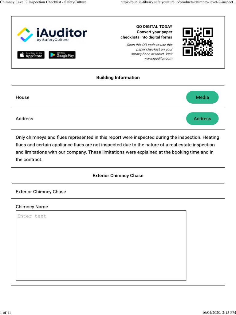 Chimney Level 2 Inspection Checklist - SafetyCulture | PDF