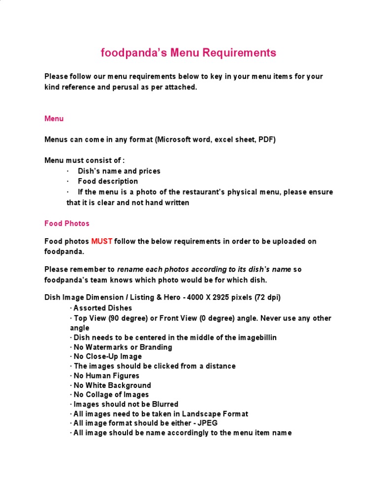 Foodpanda's Menu Requirements | PDF | Menu | Computer Graphics