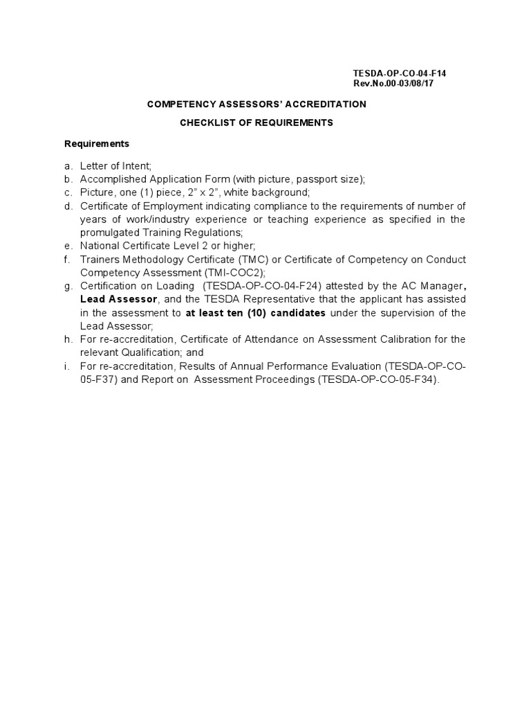 Competency Assessors' Accreditation Checklist of Requirements ...
