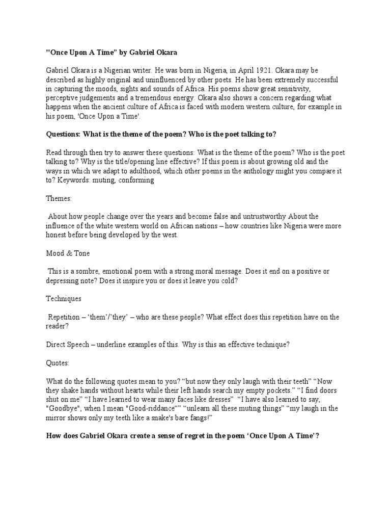 "Once Upon A Time" by Gabriel Okara | PDF | Metaphor | Poetry