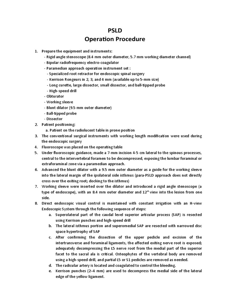 PSLD Operation Procedure | PDF | Vertebra | Anatomical Terms Of Location