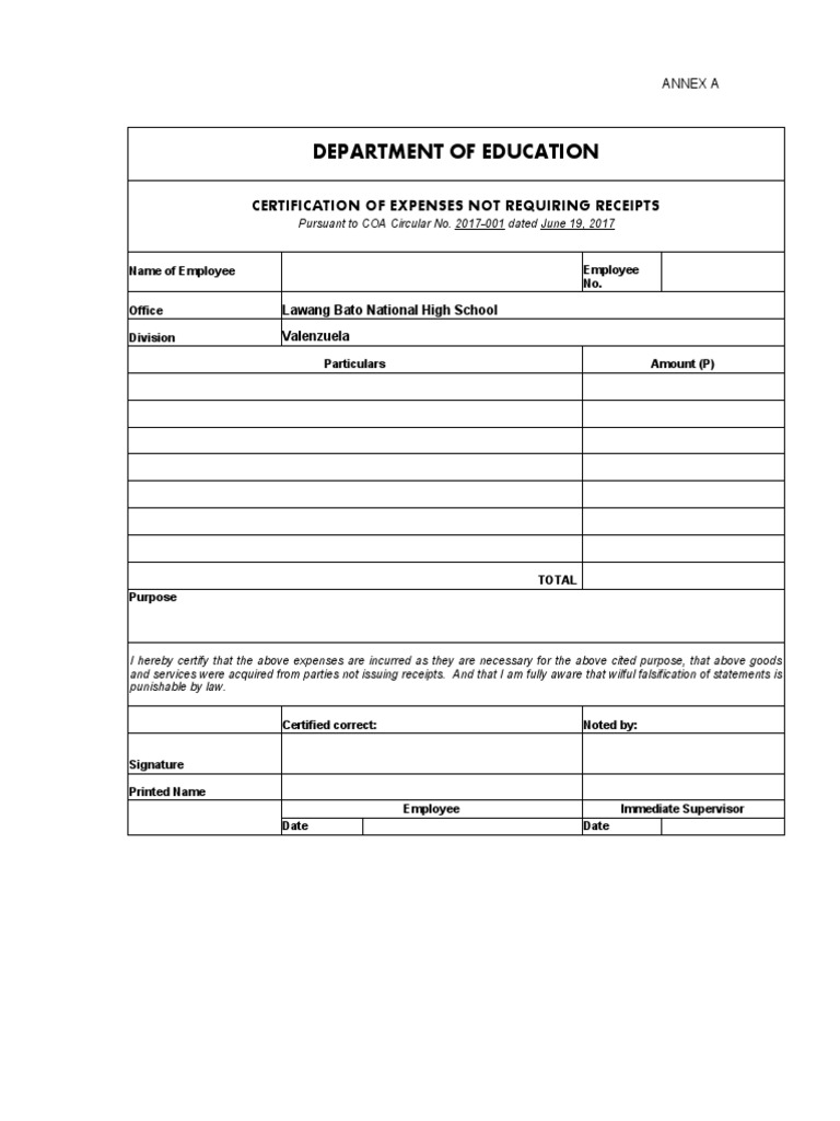 Certification of Expenses Not Requiring Receipts | PDF