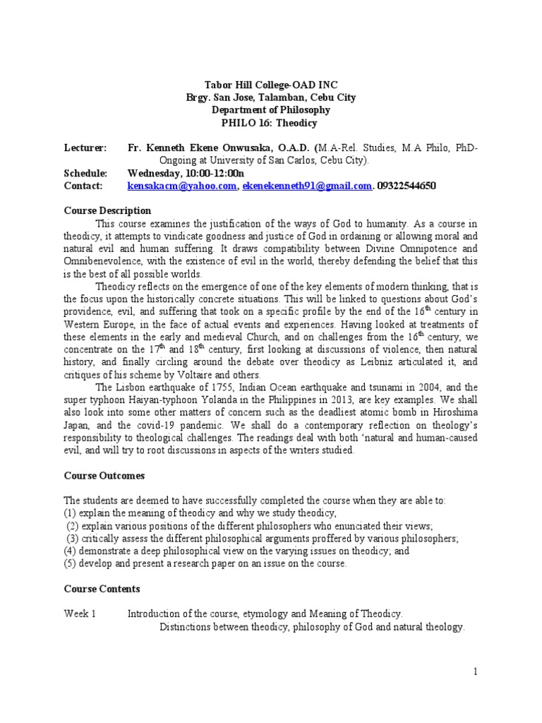 Theodicy Course Outline | PDF | Problem Of Evil | Theology