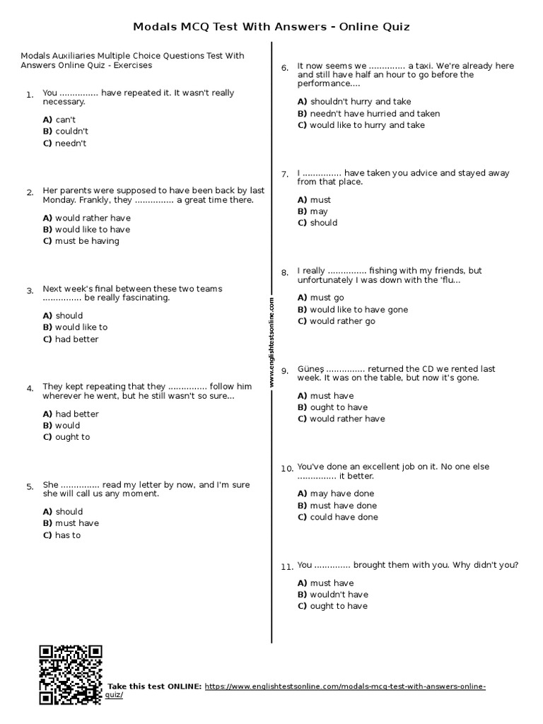 550 Modals MCQ Test With Answers Online Quiz | Multiple Choice