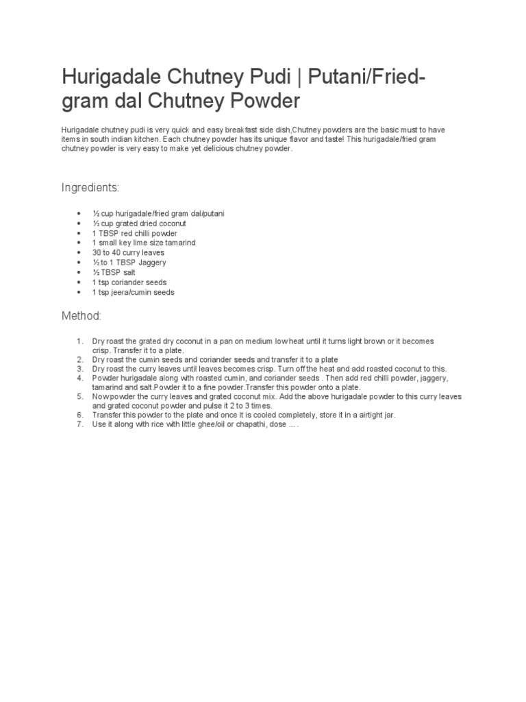 Hurigadale Chutney Pudi PutaniFried-gram Dal Chutney Powder | PDF