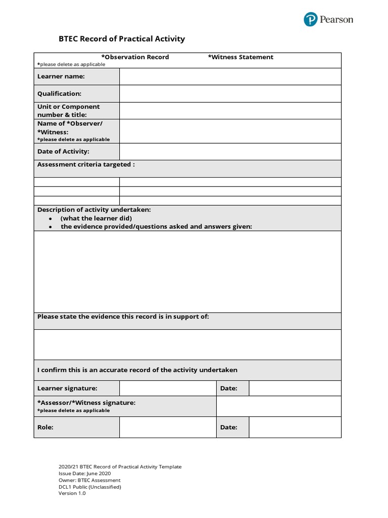 BTEC Practical Activity Record Template | PDF