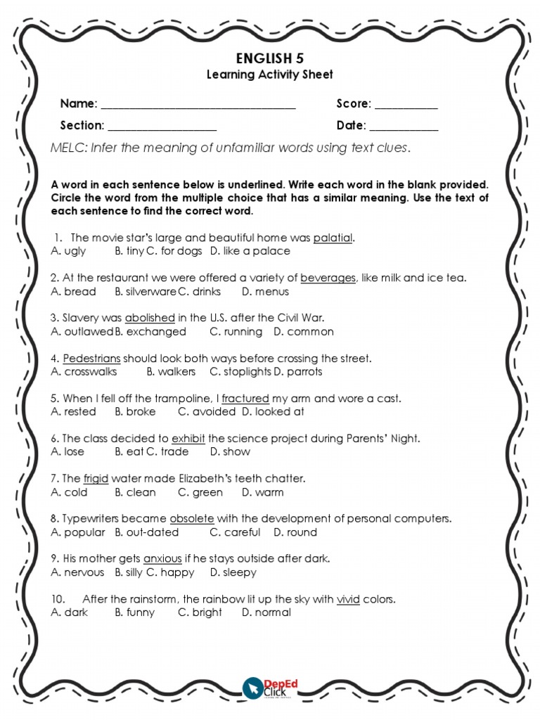 Grade 5 English Activity Sheet | PDF