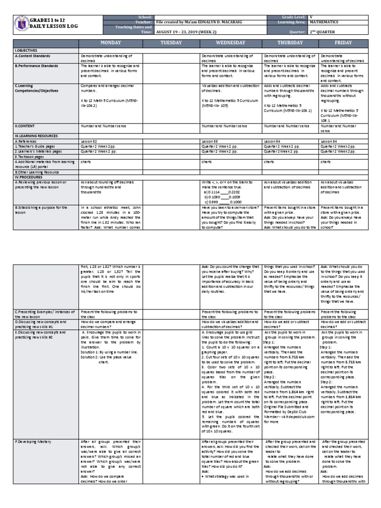 DLL Mathematics 5 q2 w2 | PDF | Numbers | Differentiated Instruction