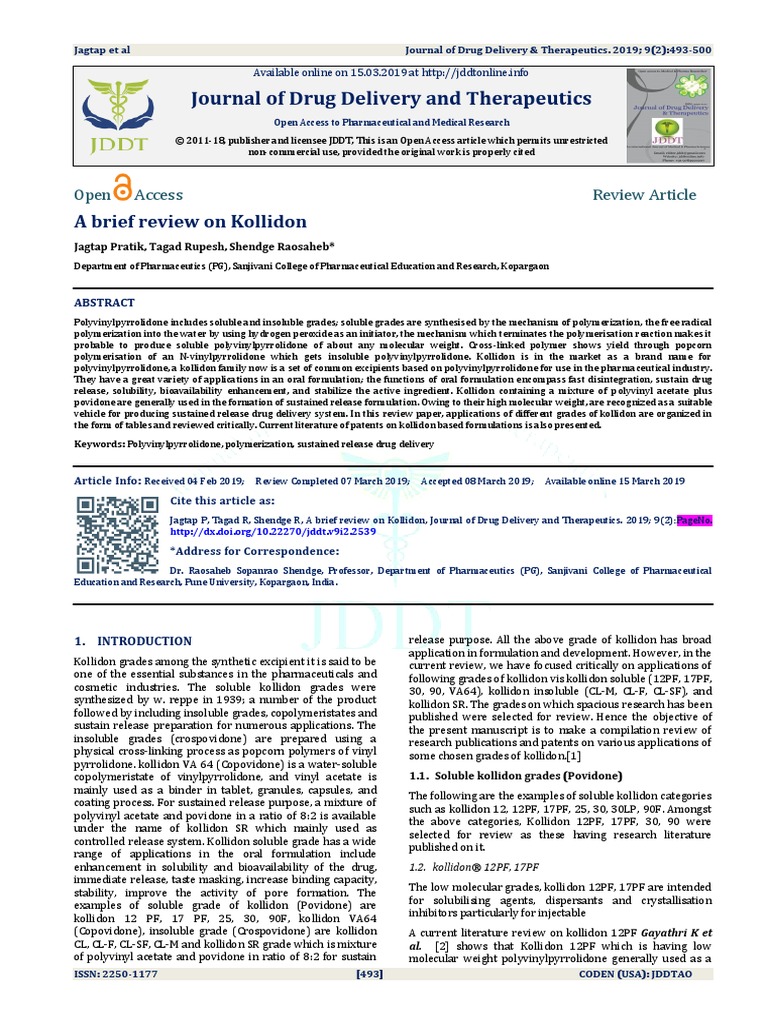 A Brief Review On Kollidon | PDF | Tablet (Pharmacy) | Pharmaceutical ...
