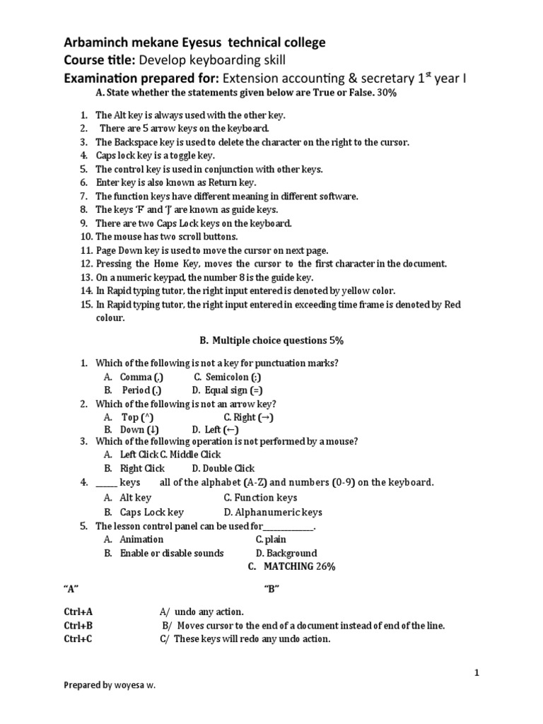 Arbaminch Mekane Eyesus Technical College Course Title: Develop Keyboarding Skill Examination ...
