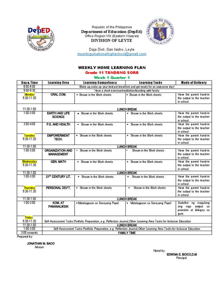Weekly Home Learning Plan-TANDANG SORA | PDF